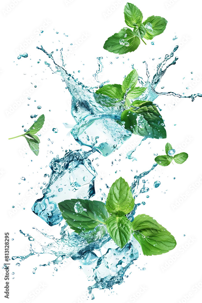 Water splash with mint leaves, refreshing look, isolated on a white or ...