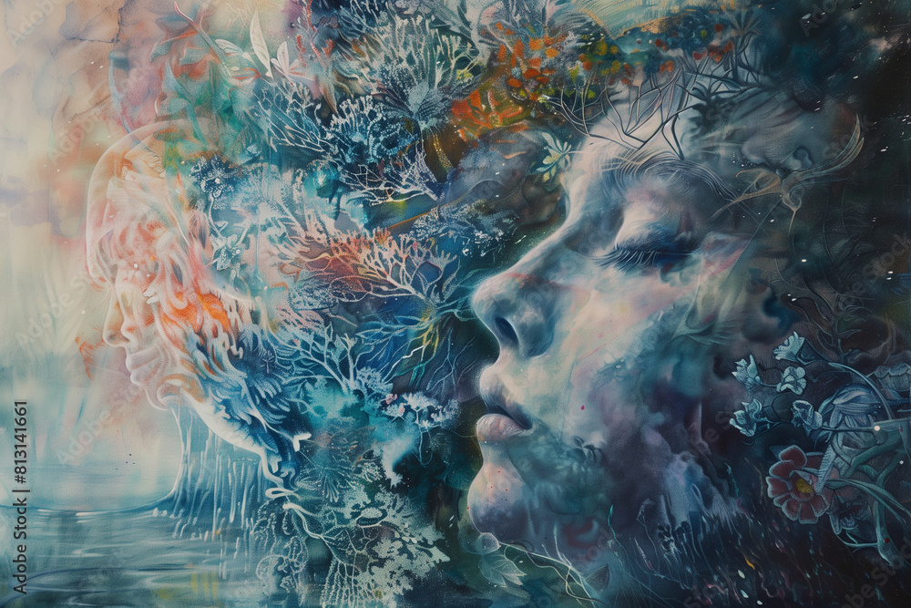 A dreamy and ethereal painting of an underwater scene, with coral reefs ...