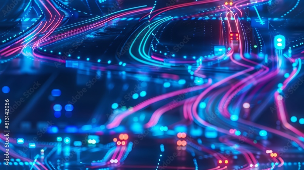 Traffic management via glowing blue lines front view traffic flow ...