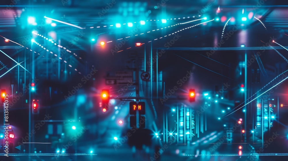 Traffic management via glowing blue lines front view traffic flow ...