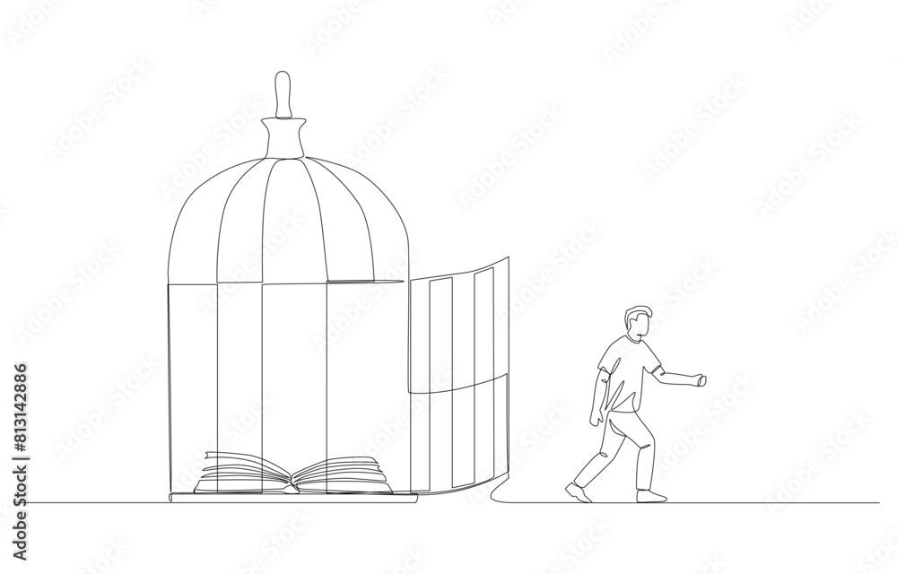 Continuous one line drawing of man walking out of cage with opened book ...