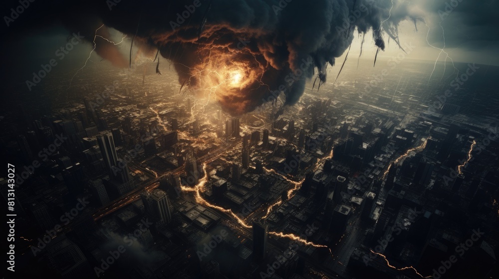 big explosion in the city. panorama of the urban landscape. nuclear ...