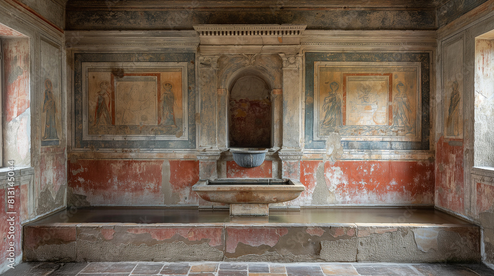 A visually rich composition featuring a meticulously painted fresco on ...