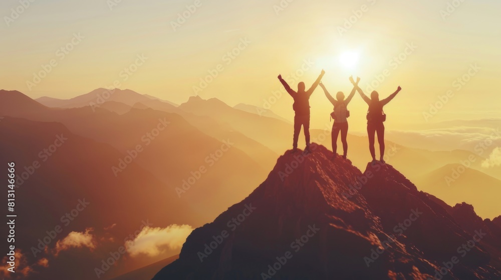 Together overcoming obstacles with three people holding hands up in the ...