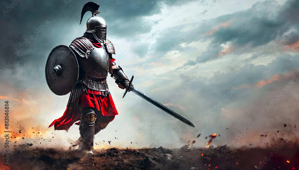 Spartan man in gladiator helmet and red long cloak standing with steel ...