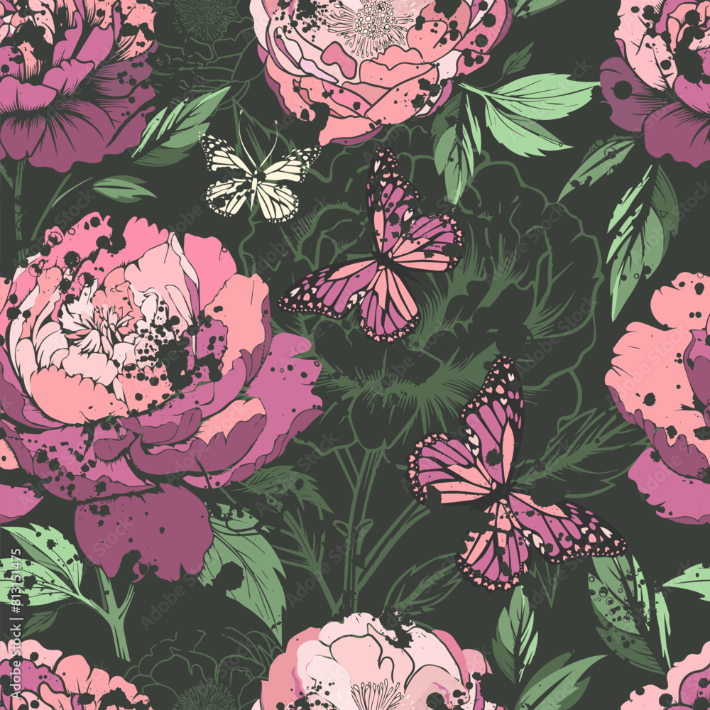 Floral pattern. Peonies seamless pattern with butterflies. Dark rich ...
