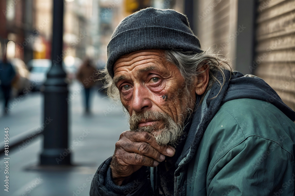 A old lonely homeless man dressed in old clothes sits on a city street ...