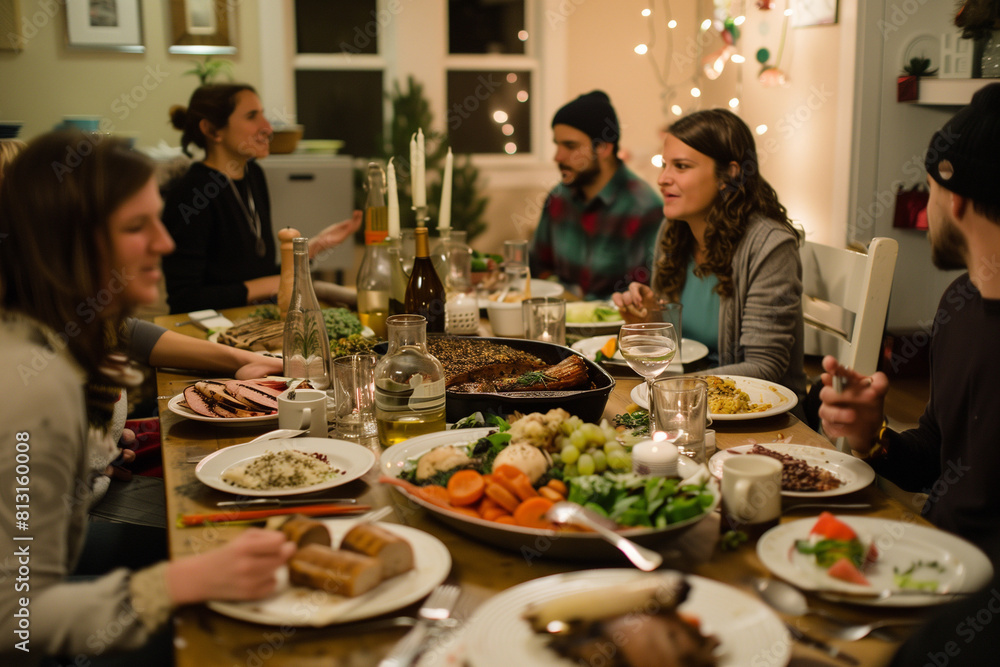 Friends gathered around a table filled with homemade dishes, sharing ...
