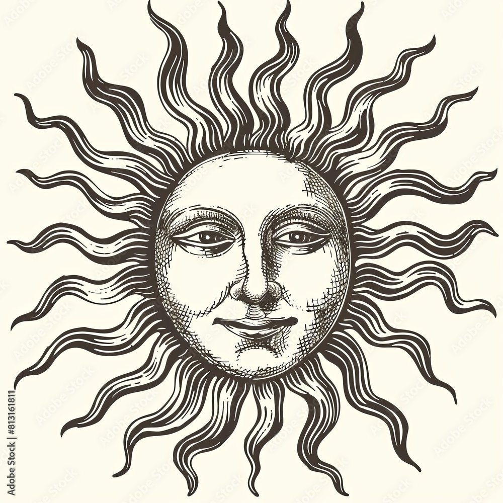 An image of the sun with a face and rays. A mystical, esoteric or ...