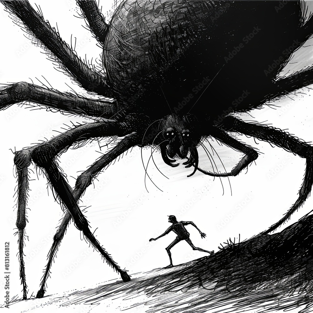 The black-and-white drawing shows a scary giant spider from which a man ...
