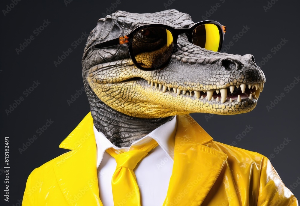 Alligator in sunglasses. Close-up portrait of an alligator ...