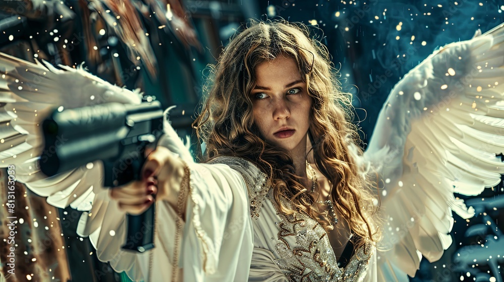 Woman angel with wings spread behind her back with a crazy look holds a ...