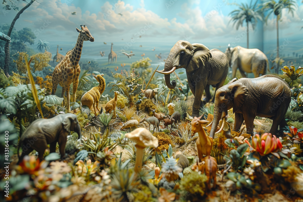 A wildlife diorama featuring realistic depictions of animals in their ...