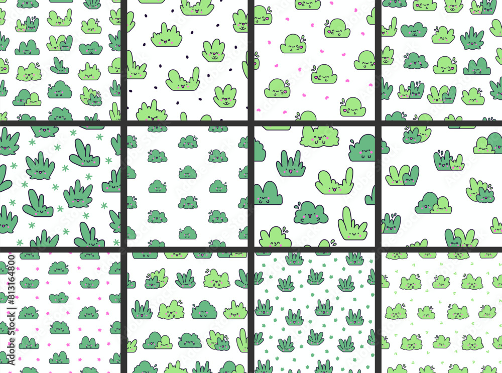 Kawaii cute lawn bush. Cartoon plant grass character. Hand drawn style ...