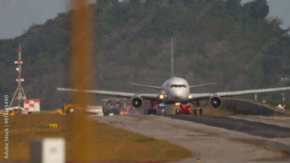 Aircraft interrupted flight. Airplane and fire trucks on the airfield ...