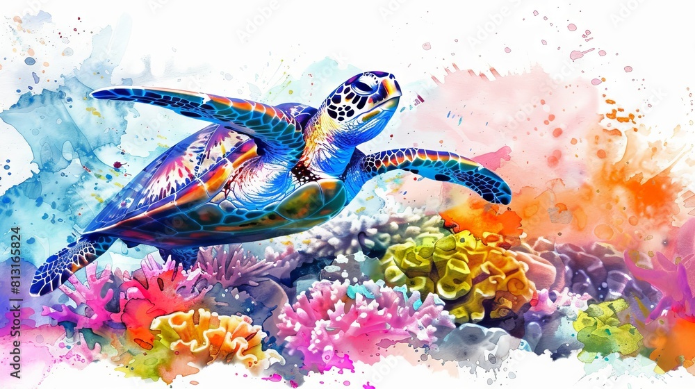 Sea turtle swimming in ocean waters with coral reefs. Beautiful turtle ...
