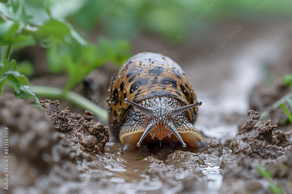 The slick, slimy texture of a slug's trail, leaving a glistening trail ...