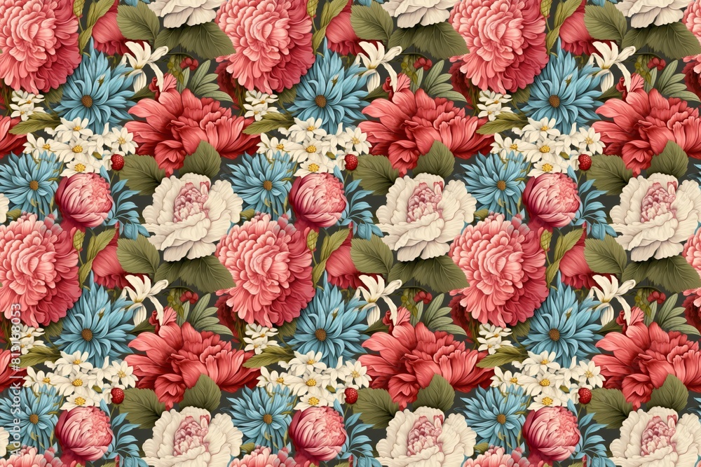 Vintage floral pattern with assorted blooming flowers on a fabric ...