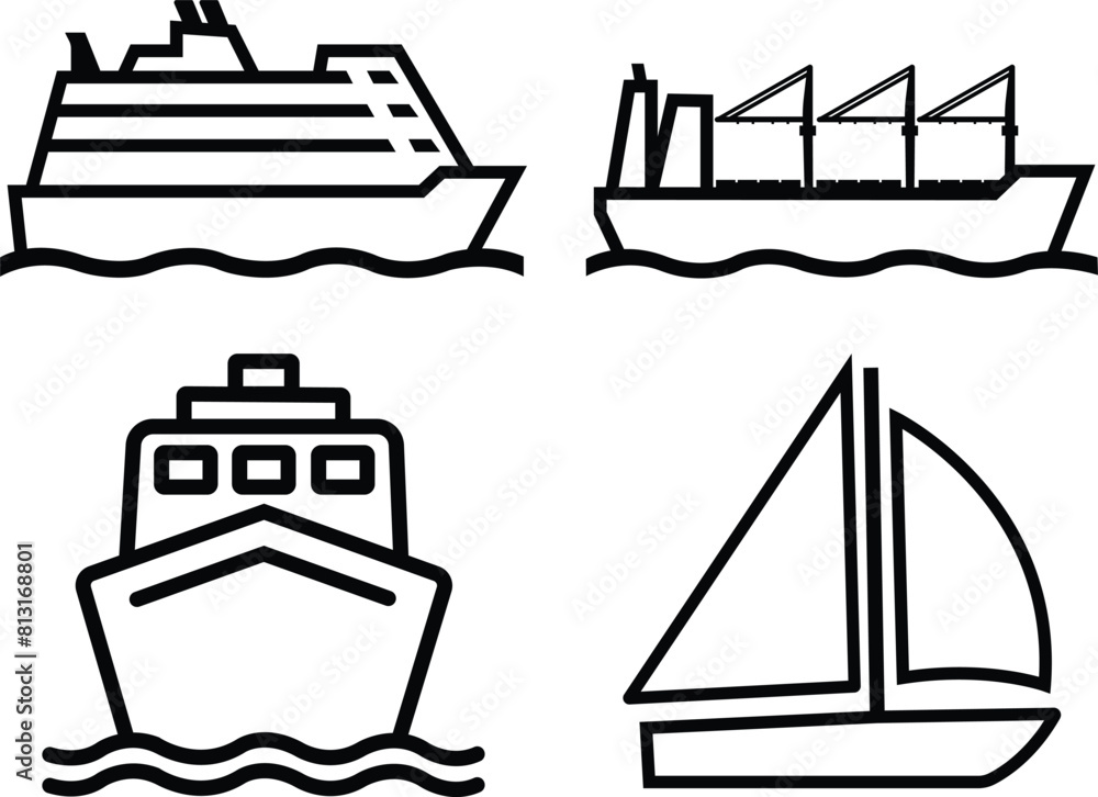 ship and boat icon in line style set. water transport symbol. vessels ...