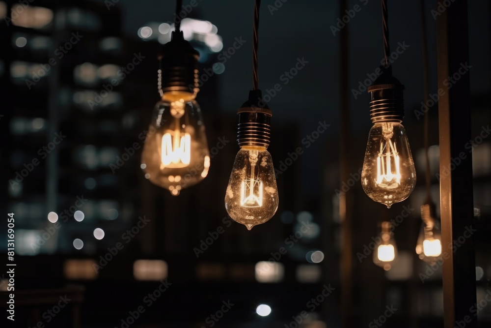 Multiple light bulbs hang down in rows, illuminating a city street at ...