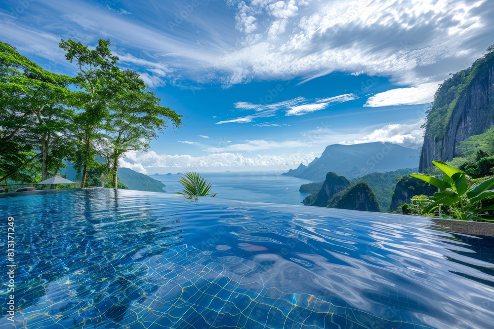 Luxury infinity pool with rainforest view below sunny blue sky Stock ...