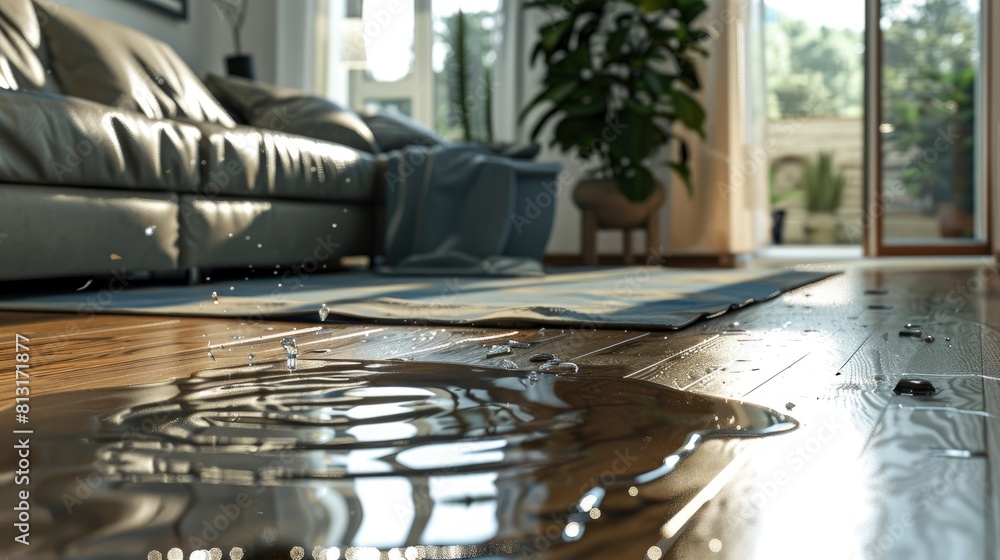 Witness The Aftermath Of A Spill As Water Pools On The Laminated Floor ...