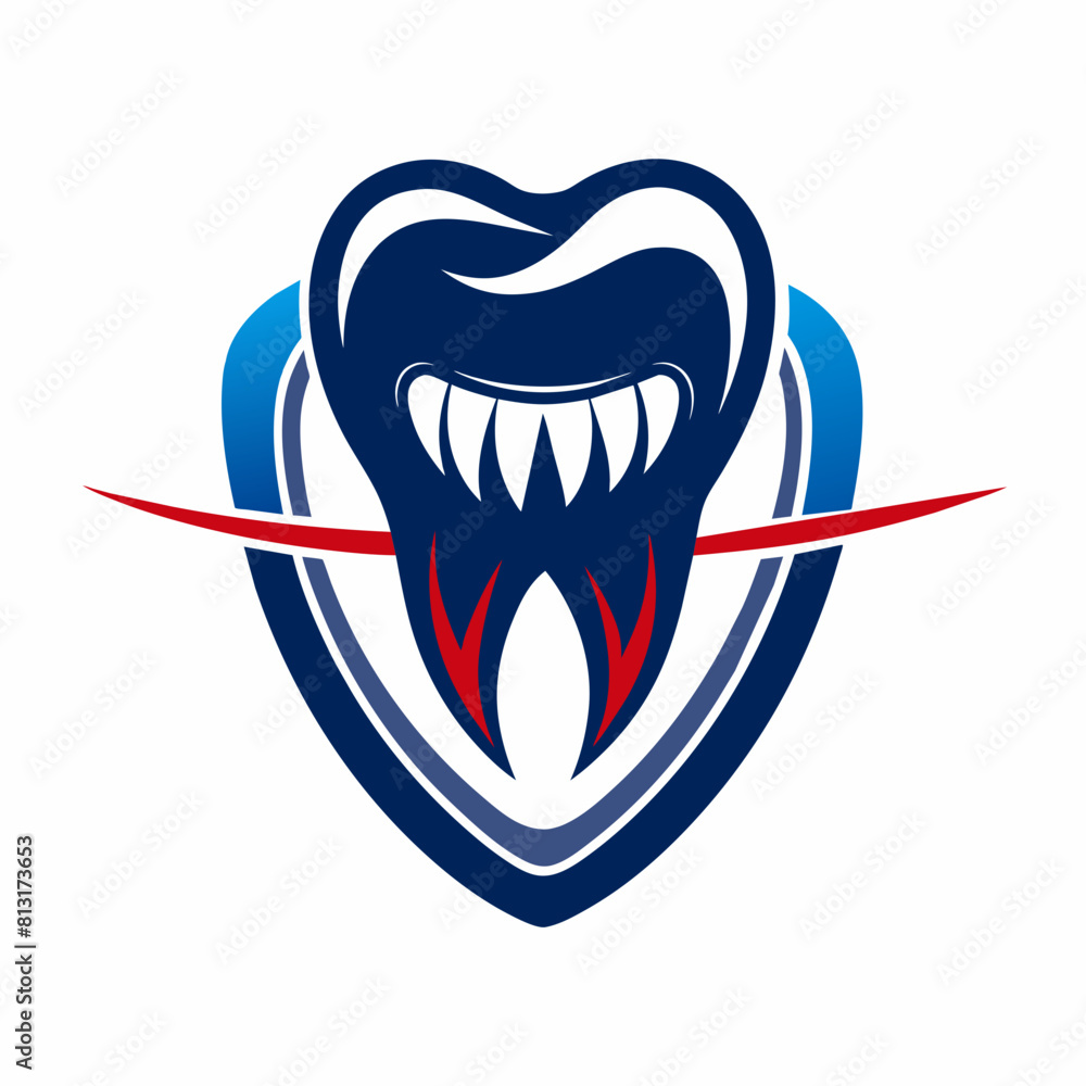 Create a high-resolution vector art illustration of a strong teeth dental logo concept placed ...