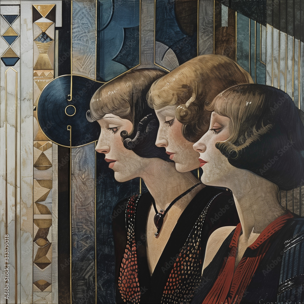 An Art Deco painting of three flapper girls, all with sleek bob ...