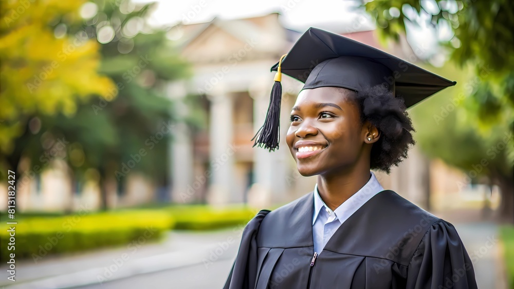 Happy Black African Female Graduate in Cap and Gown Smiling, Graduation ...