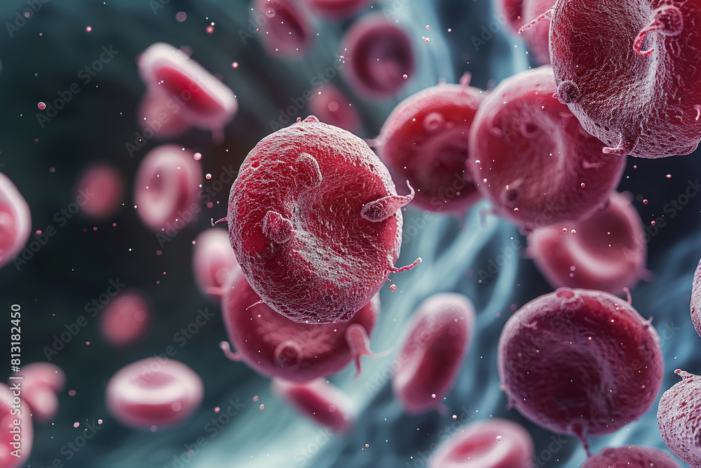 3D illustration of human red blood cells close up on blur background ...