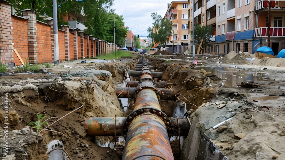 Installation of a sewage pipes in the street by public works to give ...