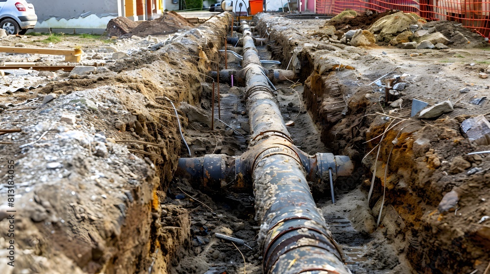 Installation of a sewage pipes in the street by public works to give ...