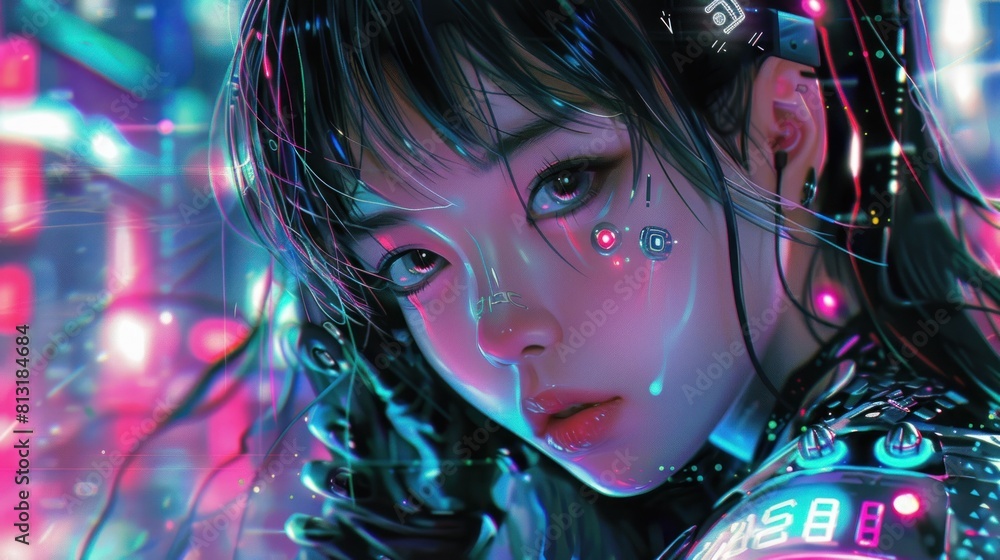 Face of a cyberpunk 3d anime style cyborg woman looking seriously ...