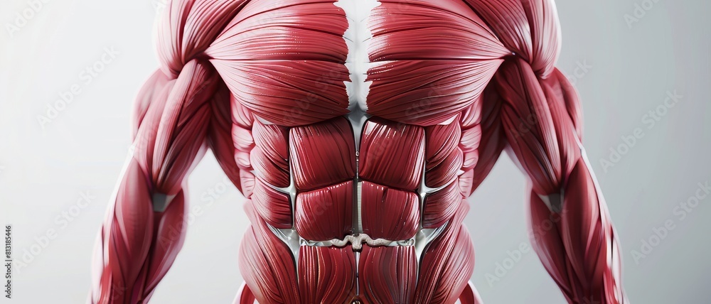 3D realistic illustration of the abdomen muscular system on a white ...