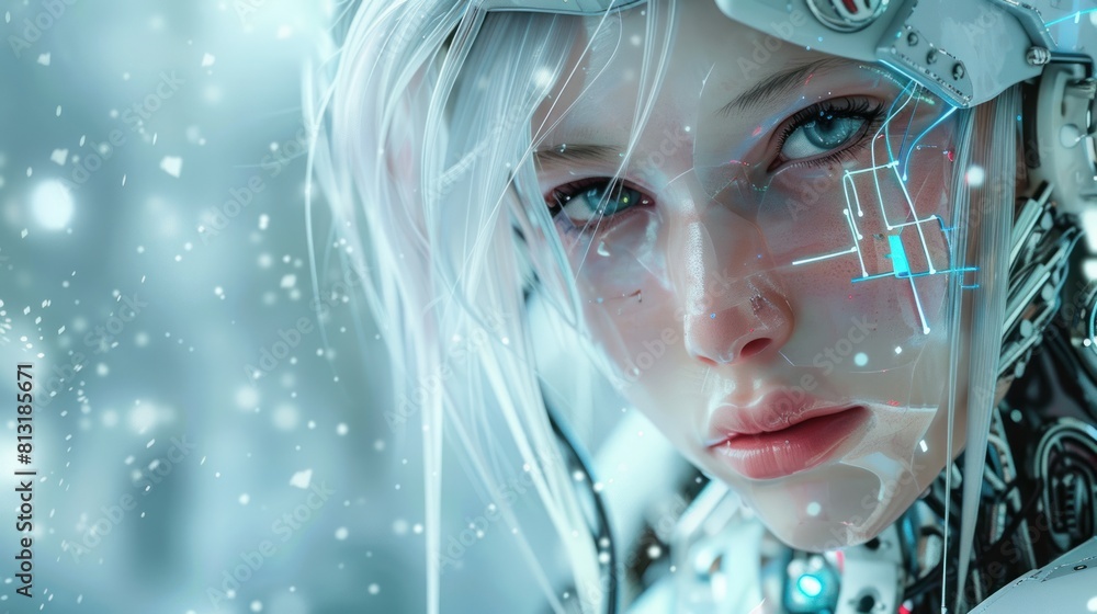 Futuristic close up of digital cyborg woman face with white hair and ...