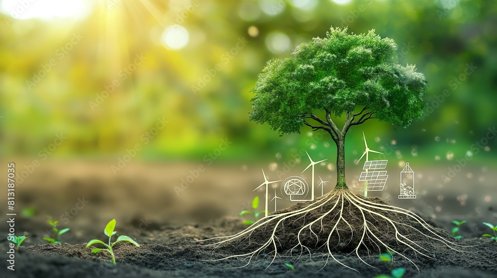 Tree with renewable energy icons. A green tree with renewable energy ...