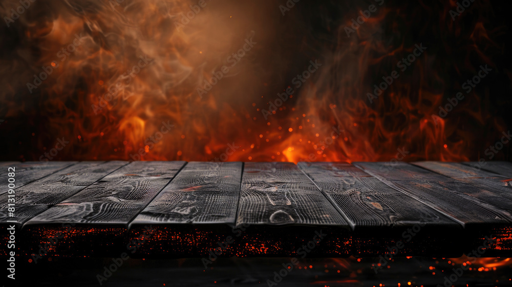 Burned wood planks as empty table on fire and smoke background, flame ...