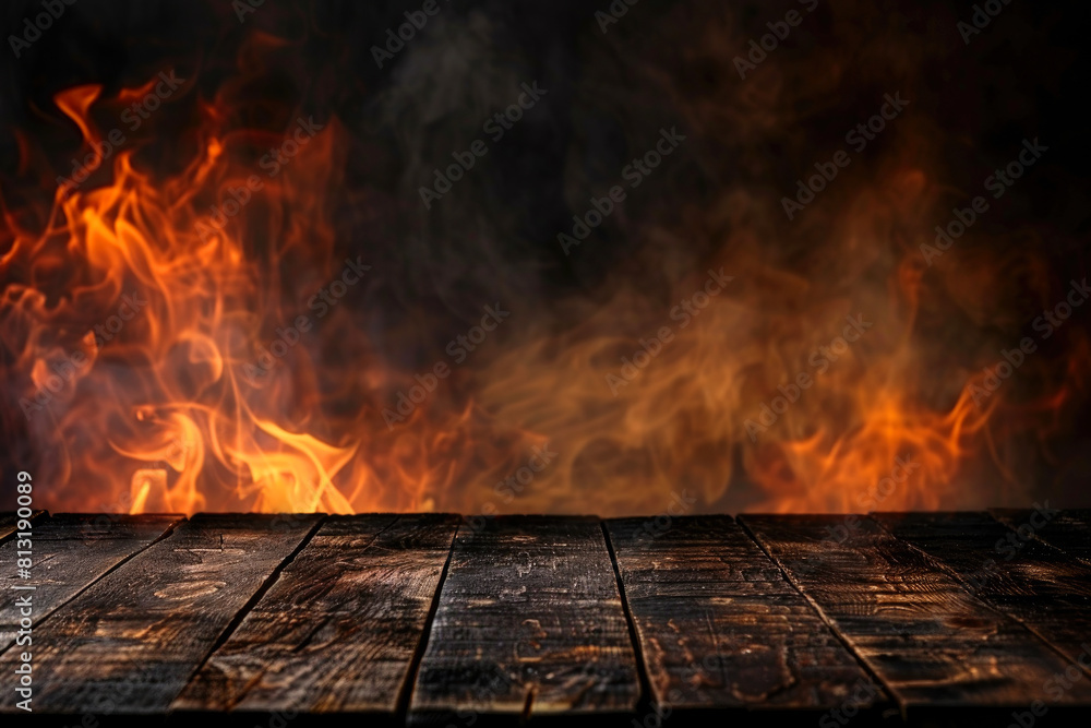 Dark wood planks as empty table on fire background, flame and vintage ...