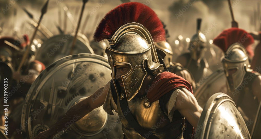 Spartans in armor during battle, Ancient Greek warriors on battlefield ...