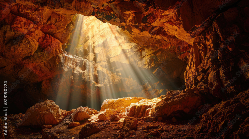 Entrance of karst cave inside mountain, dark cavern with beams of light ...