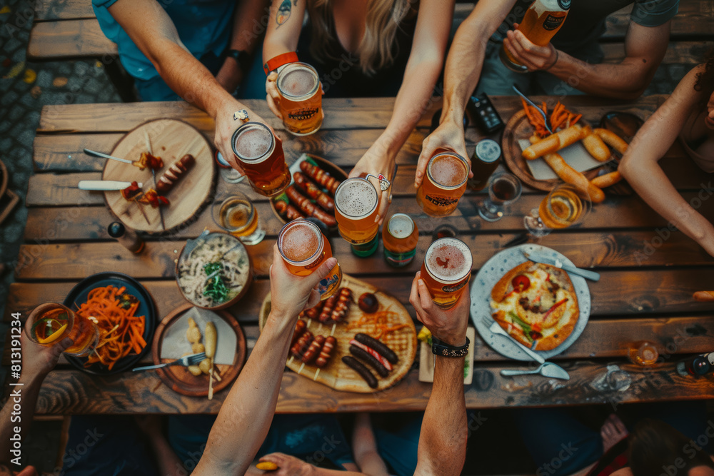 A festive German Oktoberfest gathering, with friends clinking beer ...