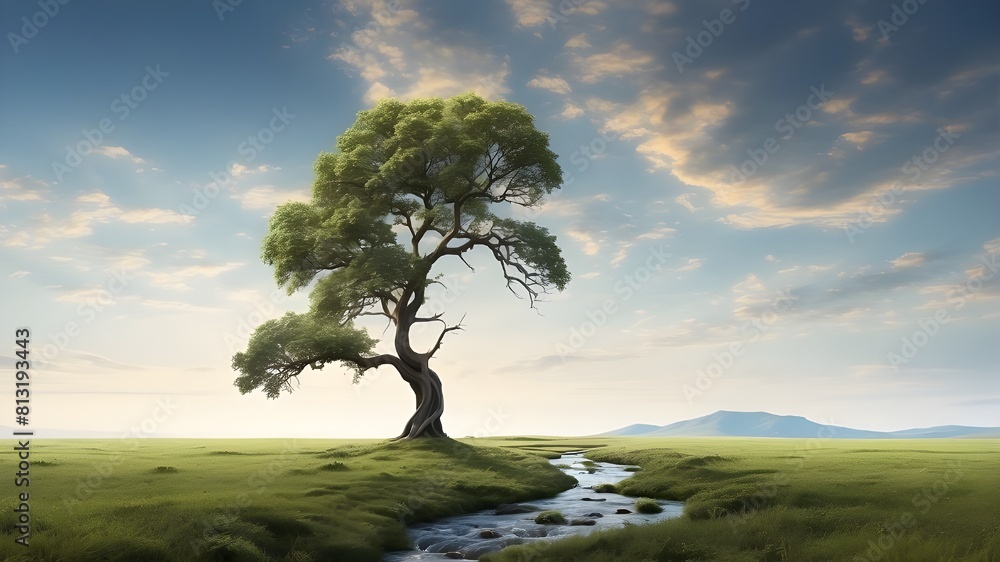 A winding stream flows through a solitary tree standing tall in a vast ...