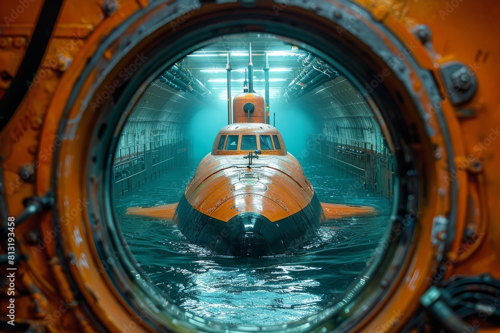 An orange submarine in a water-filled indoor dock seen through a ship's ...