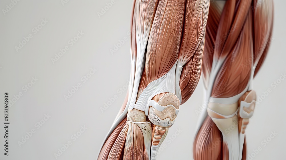 3D realistic illustration of the upper leg and knee muscular system on ...