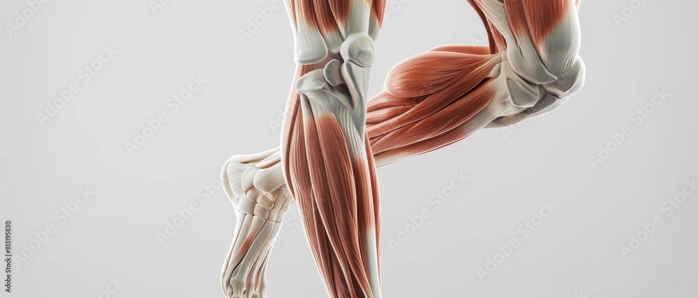 3D realistic illustration of the upper leg and knee muscular system on ...