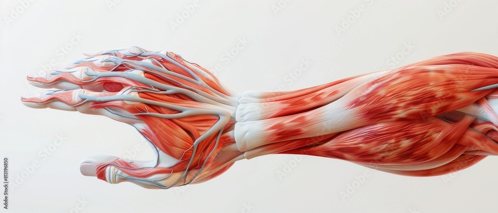 3D realistic illustration of the wrist muscular system on a white ...