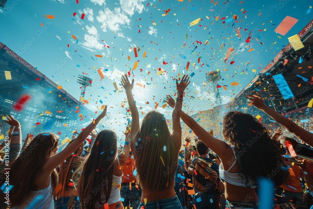 Excited festival crowd with raised hands enjoying confetti shower in ...
