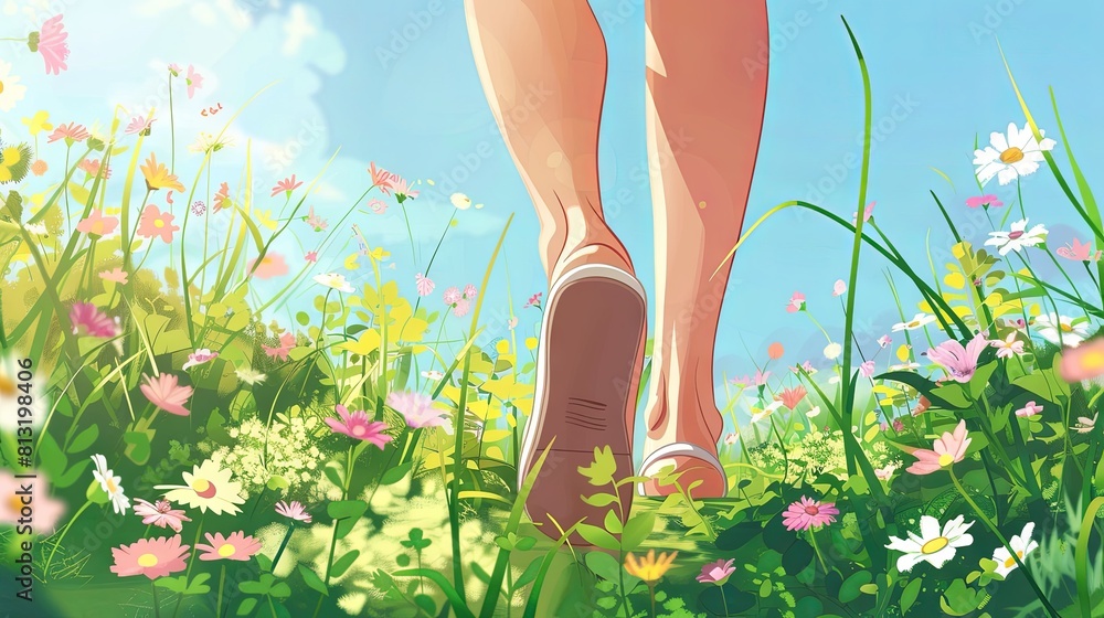 Woman feet walking of green summer meadow concept drawing painting art ...