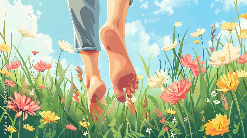Woman feet walking of green summer meadow concept drawing painting art ...