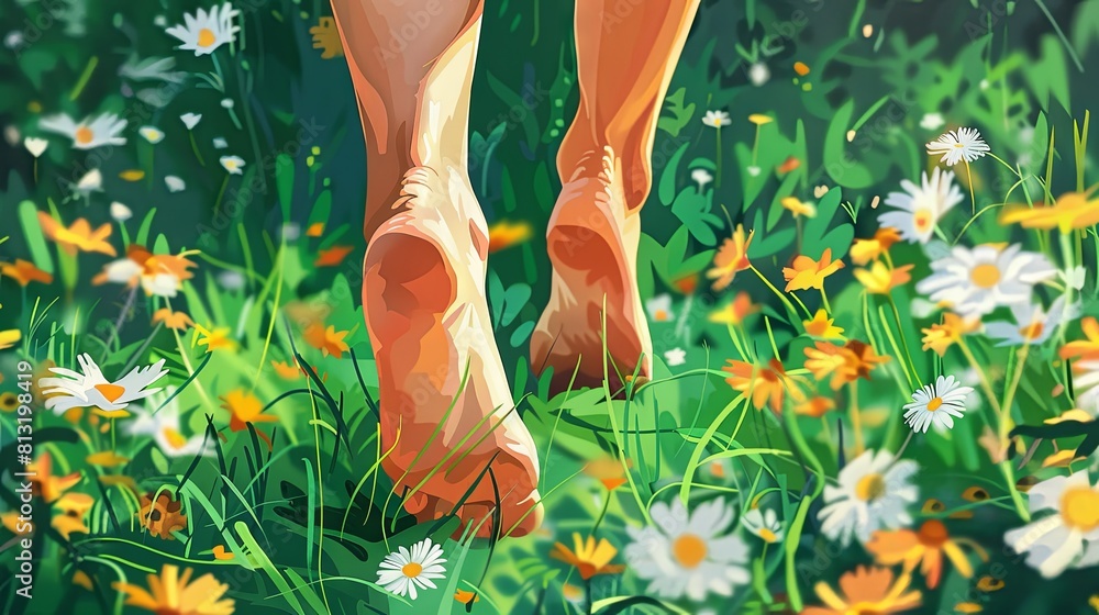 Woman feet walking of green summer meadow concept drawing painting art ...